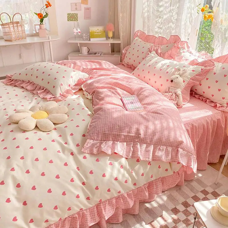 Pink Korean Princess Bedding Set No Filling Cute Strawberry Duvet Cove – Okanna