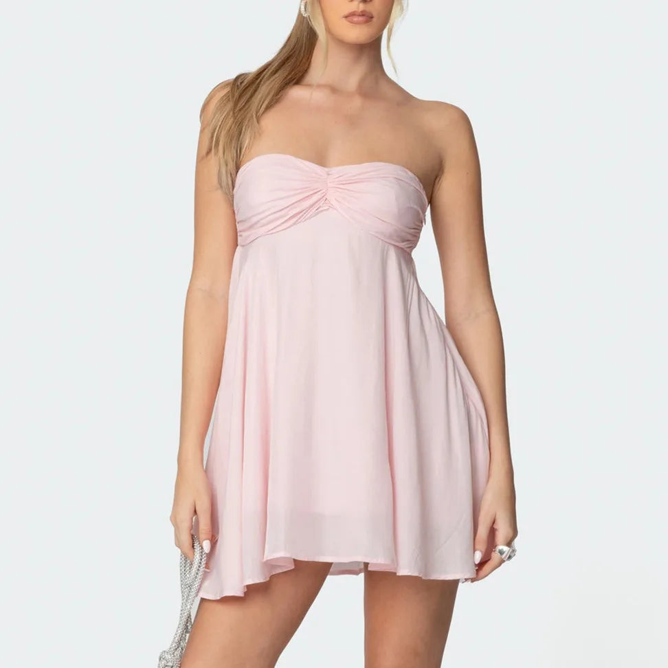 Pink Bandeau Scarf Mini Dress - Floral A-Line – Okanna