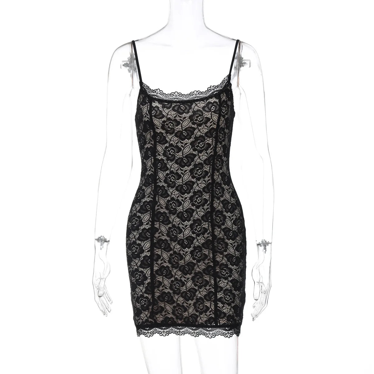 Black Lace Spaghetti Strap Mini Dress – Okanna