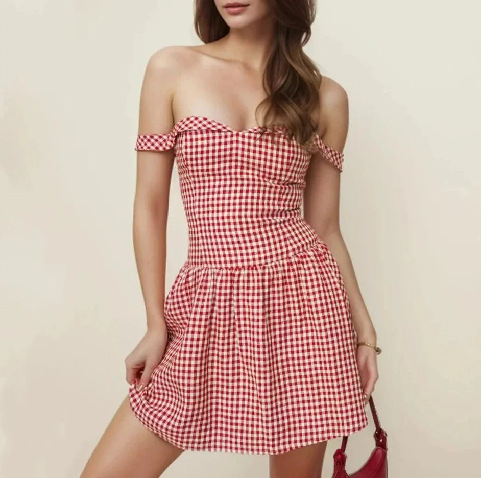 Red Plaid Off-shoulder Mini Dress – Okanna