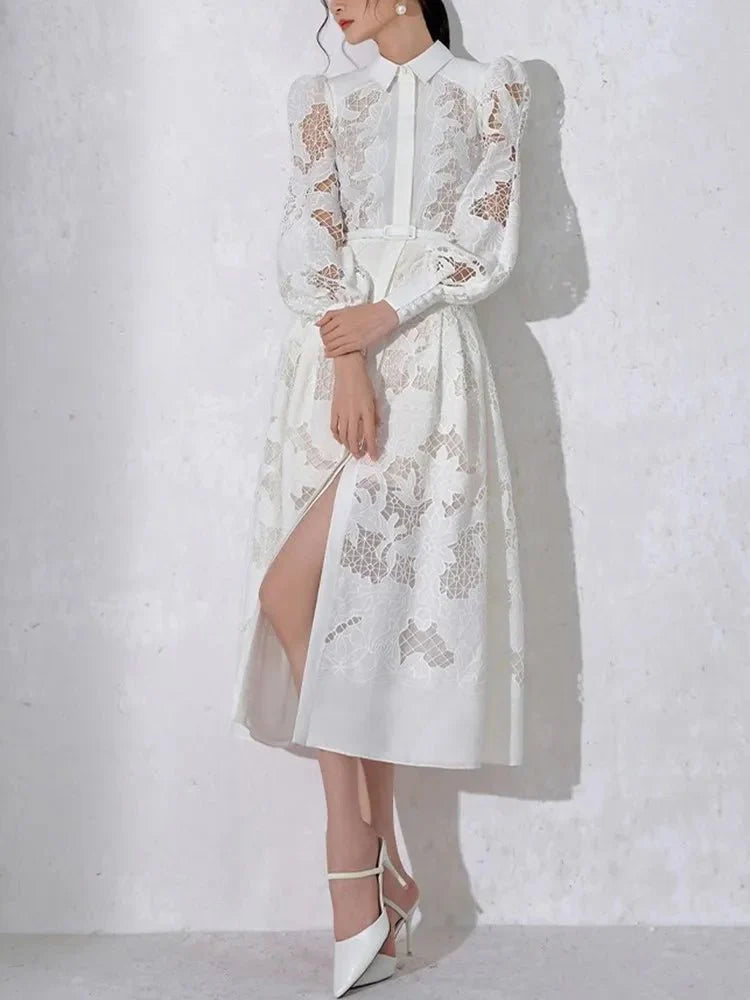 White Lace Puff Sleeve High Waist Slit Dress – Okanna