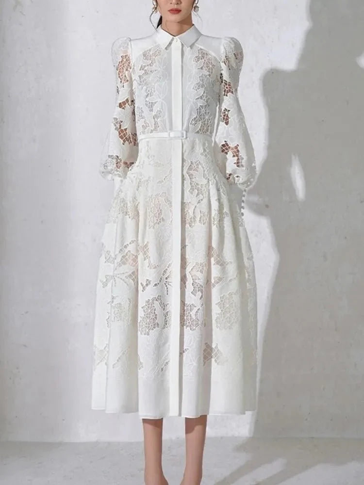 White Lace Puff Sleeve High Waist Slit Dress – Okanna