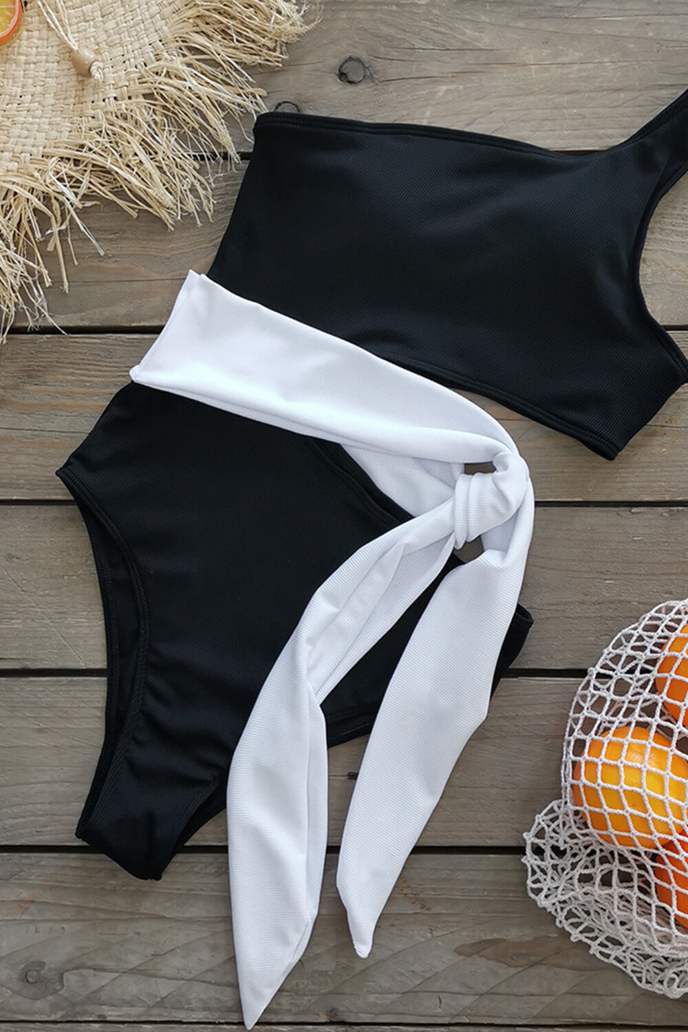 Black White Colorblock Ribbed One Shoulder Tie Side One Piece Swimsuit ...