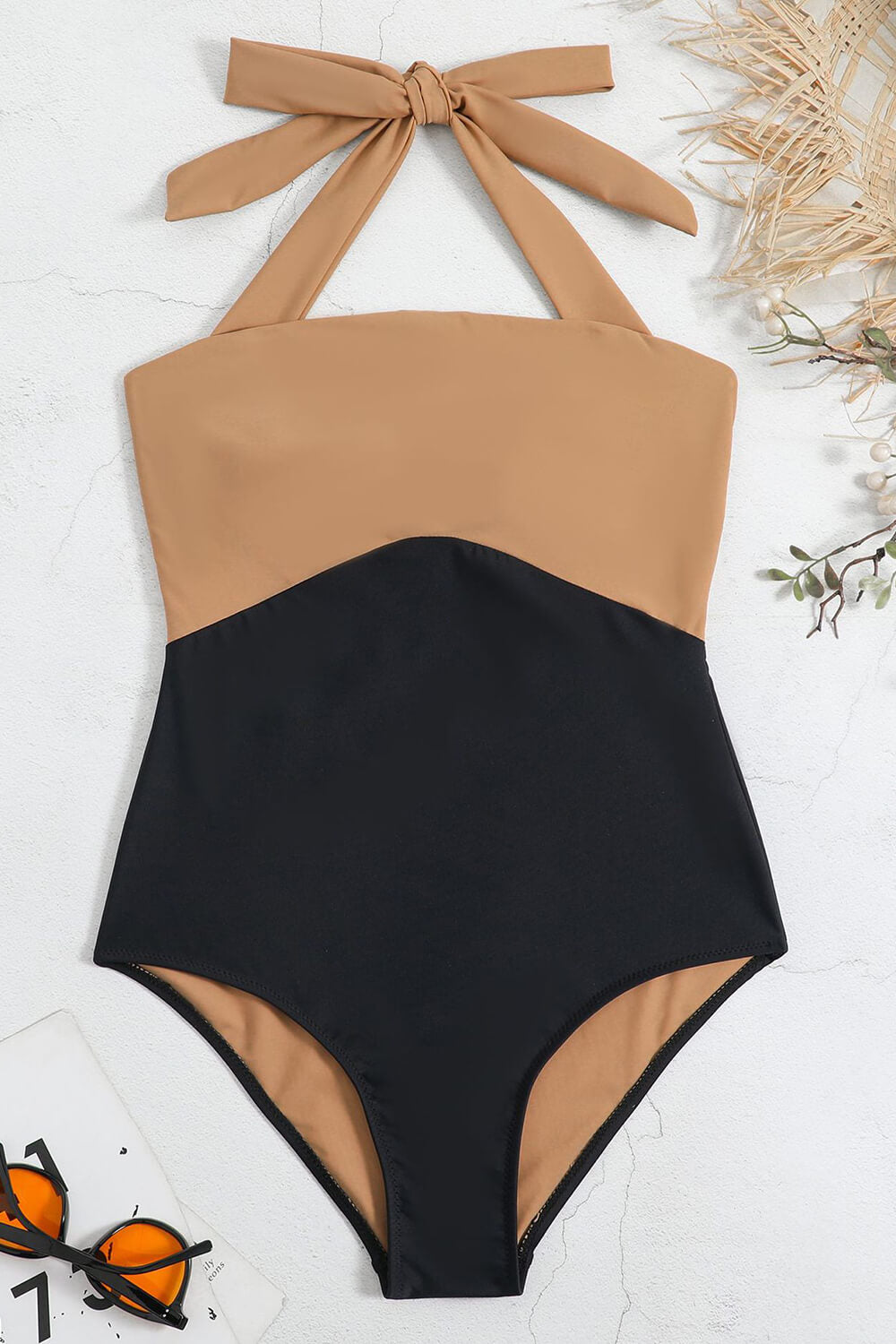 Color Block Halter Neck Open Back One Piece Swimsuit - Black & Chocola ...