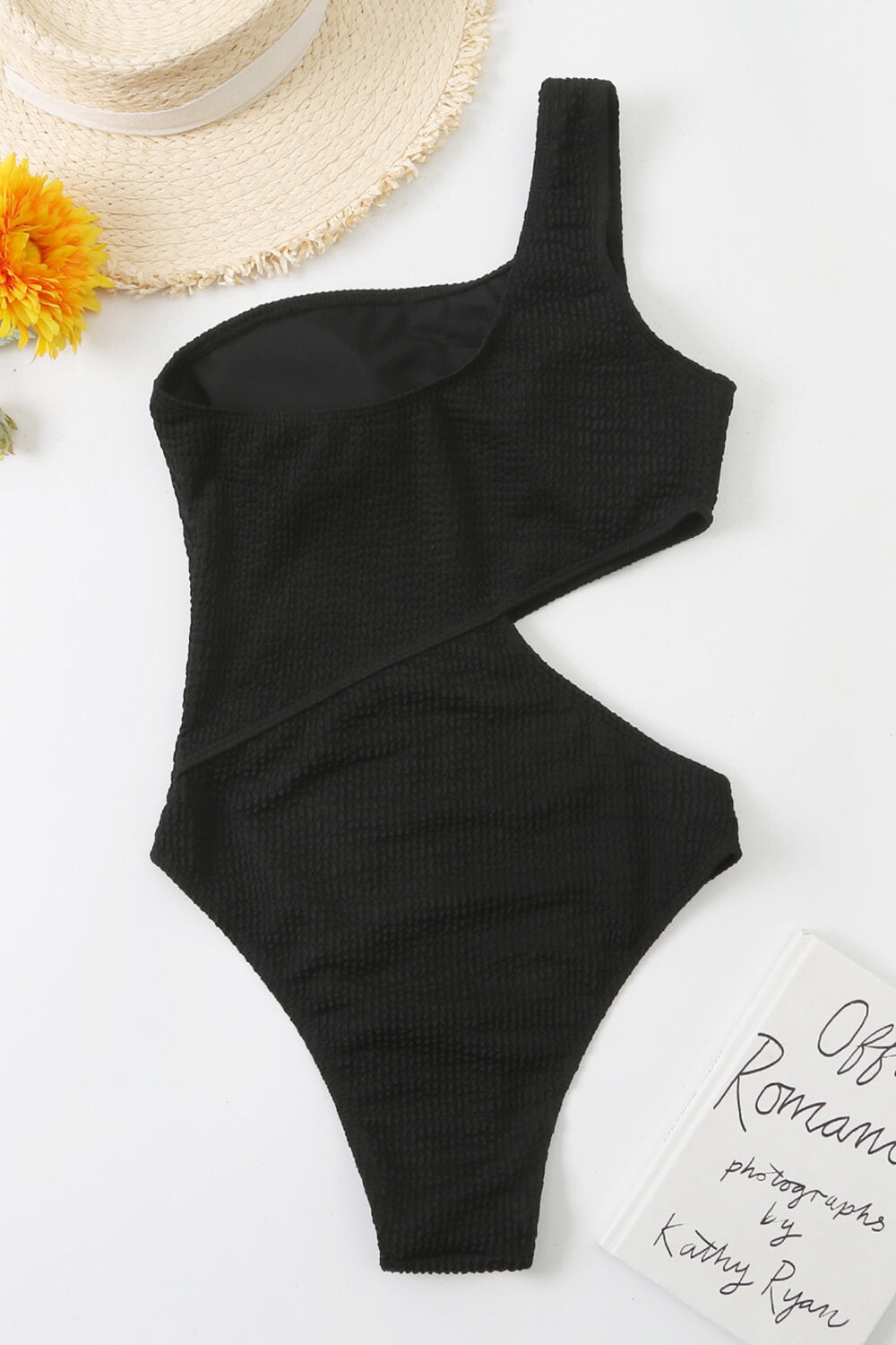 Crinkle Cut-Out One-Shoulder One Piece Swimsuit - Black/Green/Plum/Sal ...
