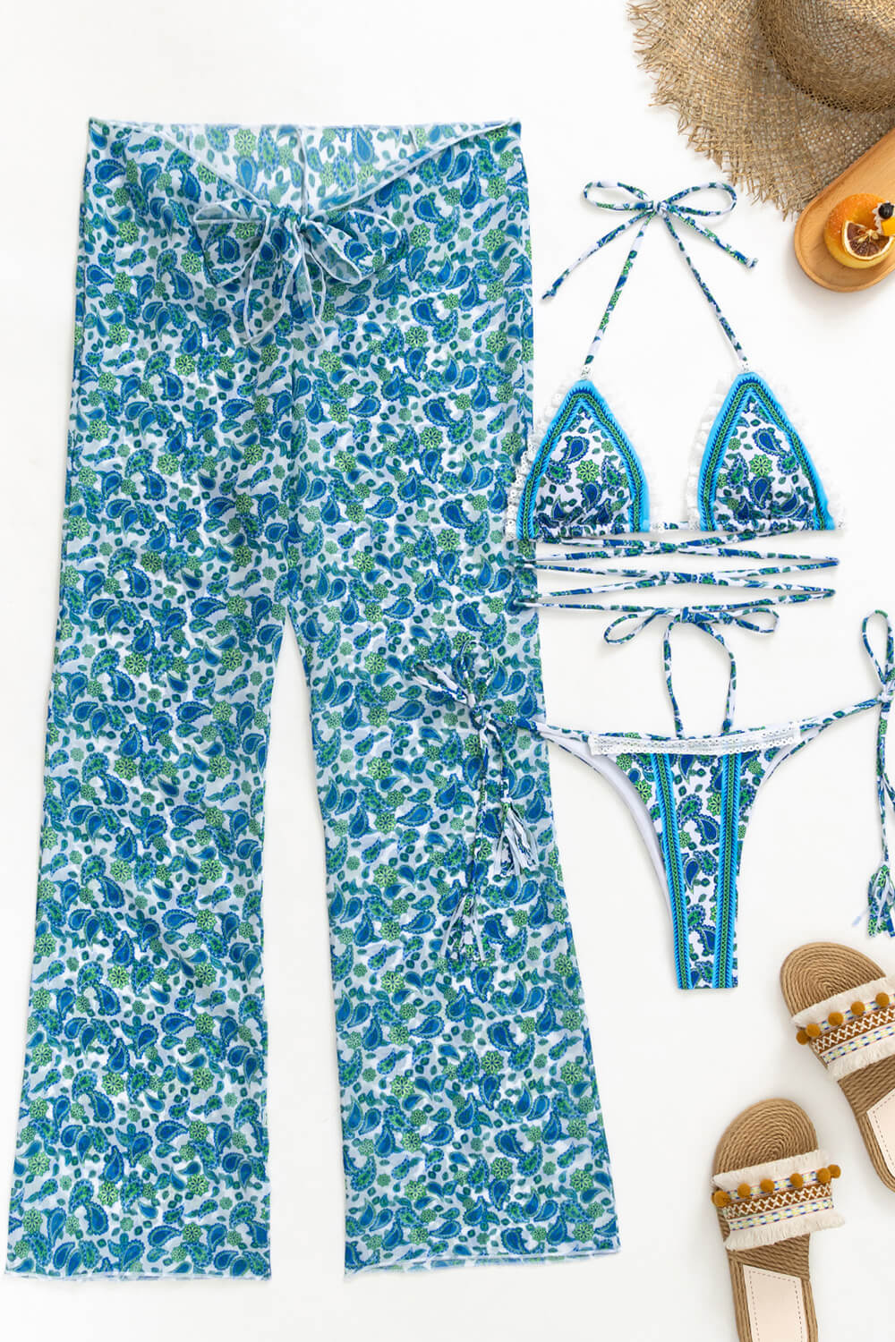 Paisley Print Triangle Wrap Tie Bikini Set With Frill Detailing Okanna
