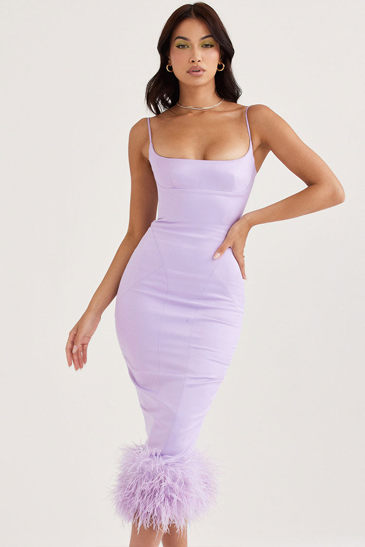 Luxury Square Neck Feathered Satin Cocktail Party Midi Dress - Lilac ...